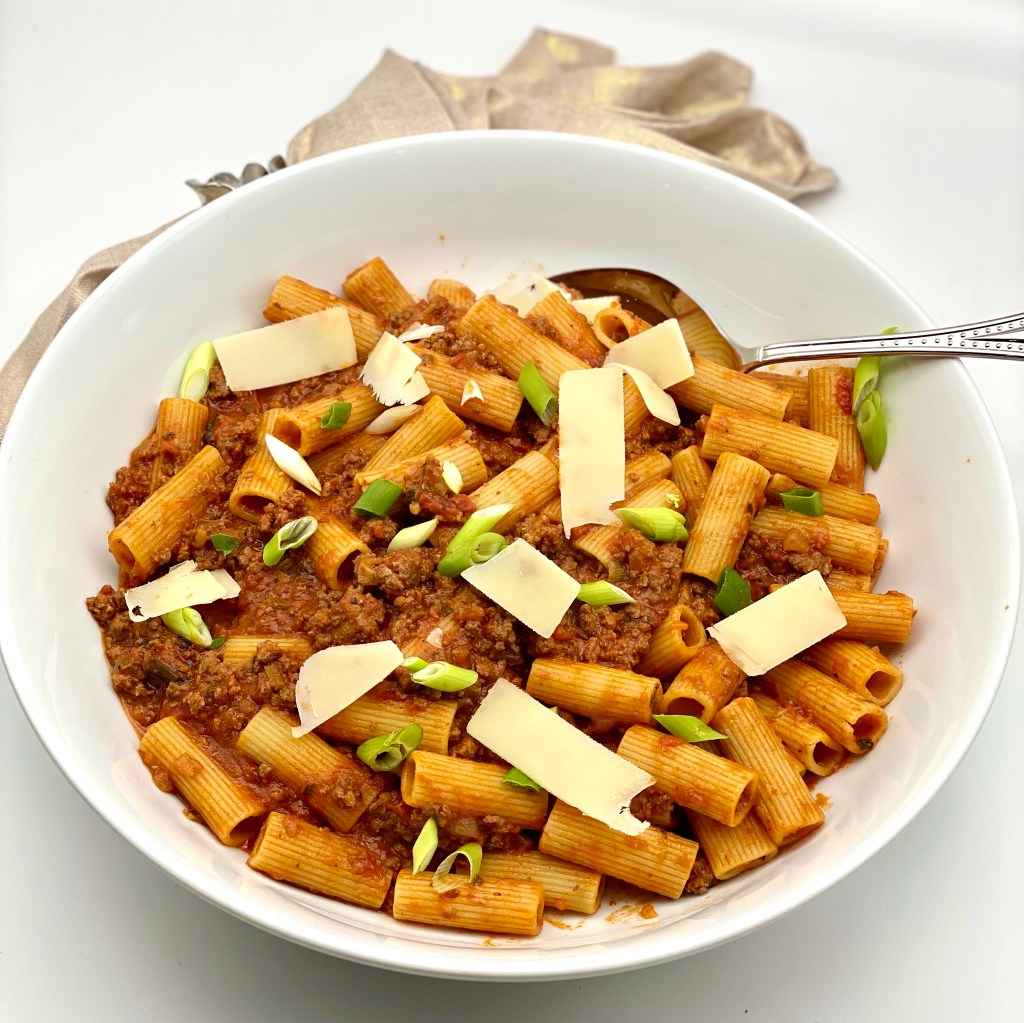 Rigatoni Pasta in Spiced Beef Sauce - JulietKitchen.com