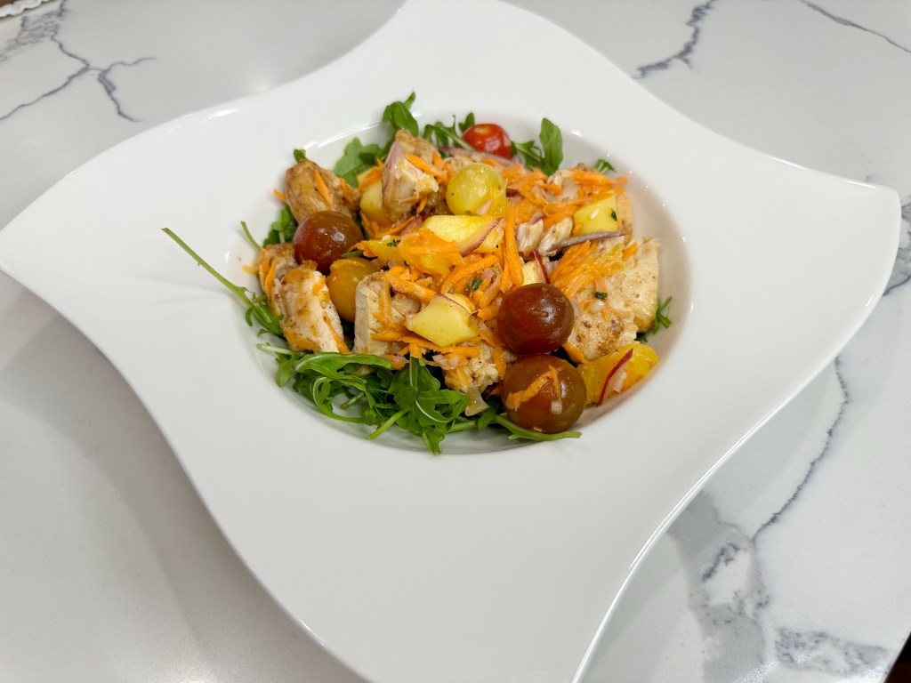 Umami-Chicken Vegetables Fruits Salad - JulietKitchen.com
